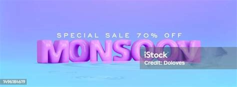 몬순 시즌 비 판매 배너입니다 파란색 배경에 3d 풍선 몬순 텍스트입니다 벡터 만화 삽화 프로모션 할인 웹 헤더 쿠폰 3차원 형태에 대한 스톡 벡터 아트 및 기타 이미지