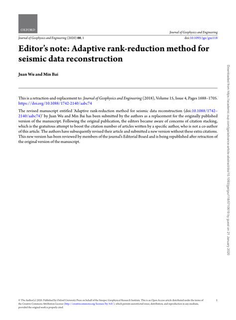 Pdf Editors Note Adaptive Rank Reduction Method For Seismic Data Reconstruction