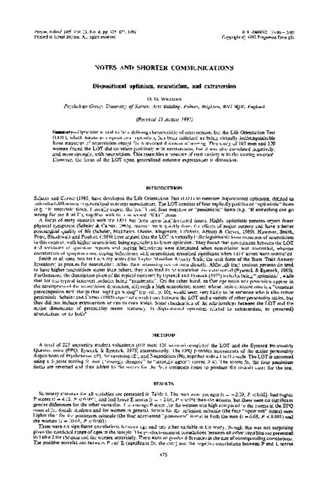 Pdf Dispositional Optimism Neuroticism And Extraversion
