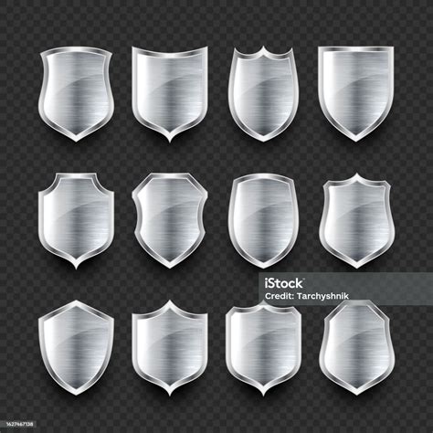 다양한 빈티지 3d 금속 방패 아이콘 세트입니다 반짝이는 강철 문장 방패 검은색 보호 및 보안 기호 레이블 벡터 그림 강철에 대한 스톡 벡터 아트 및 기타 이미지 Istock