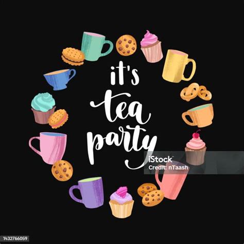 티 파티입니다 손으로 쓴 편지 인용문과 손으로 그린 컵과 머그잔 0명에 대한 스톡 벡터 아트 및 기타 이미지 0명 개념 다중 색상 Istock