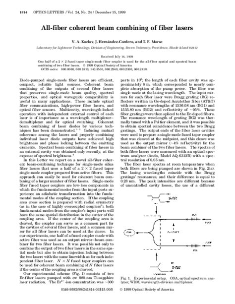 Pdf All Fiber Coherent Beam Combining Of Fiber Lasers