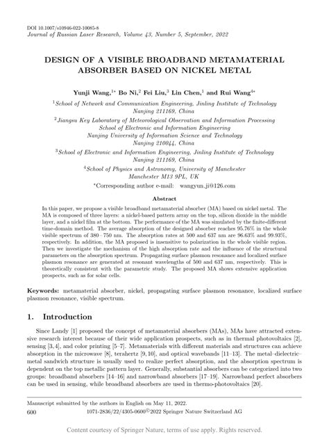 Design Of A Visible Broadband Metamaterial Absorber Based On Nickel Metal Request Pdf
