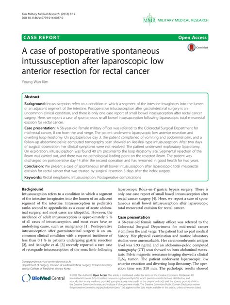 Pdf A Case Of Postoperative Spontaneous Intussusception After Laparoscopic Low Anterior