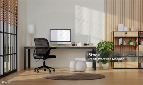 현대 홈 오피스 인테리어 빈 화면 자연 채광 및 현대 가구가 있는 컴퓨터로 3d 렌더링 Vogue Fashion Fund에 대한 스톡 사진 및 기타 이미지 Vogue