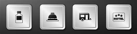 위스키 병 호텔 서비스 벨 Rv 캠핑 트레일러 및 텍스트 아이콘이있는 간판을 설정합니다 실버 스퀘어 버튼 벡터 0명에 대한 스톡 벡터 아트 및 기타 이미지 Istock