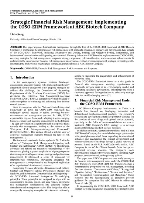 Pdf Strategic Financial Risk Management Implementing The Coso Erm Framework At Abc Biotech