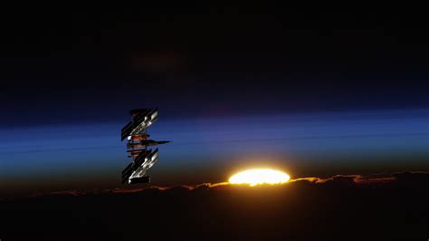 International Spaceship Floating In Space During Sunset Transmitting