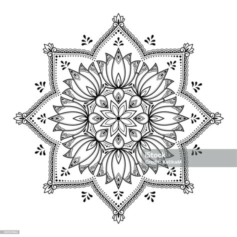 헤나 멘디 문신 장식에 대한 연꽃만다라의 형태로 원형 패턴 민족 동양 스타일의 장식 장식 윤곽 낙서 손 그리기 벡터 그림 0명에 대한 스톡 벡터 아트 및 기타 이미지