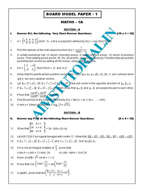 First Year 1a Model Papers And Board Model Guess Papers Pdf Trigonometric Functions Sine