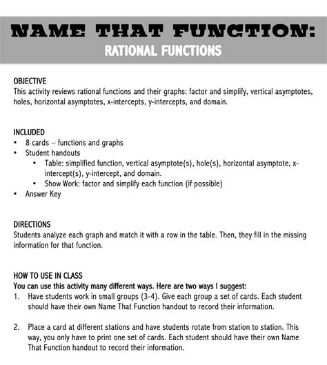 Rational Functions Name That Function Matching Activity Print An