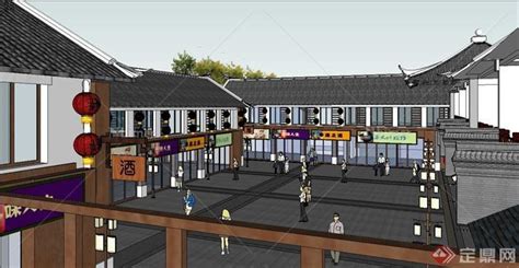 某现代中式风格完整商业街建筑楼设计su模型 原创 Sketchup模型库 毕马汇 Nbimer