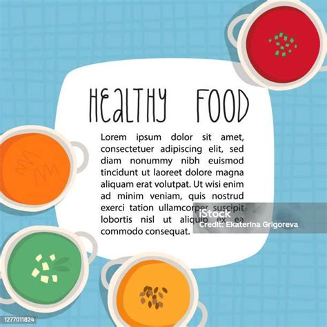 건강한 음식 배너 레시피 템플릿 레스토랑 메뉴 디자인 당근 호박 브로콜리 또는 두부 가스파초를 곁들인 시금치와 같은 타탄 블루