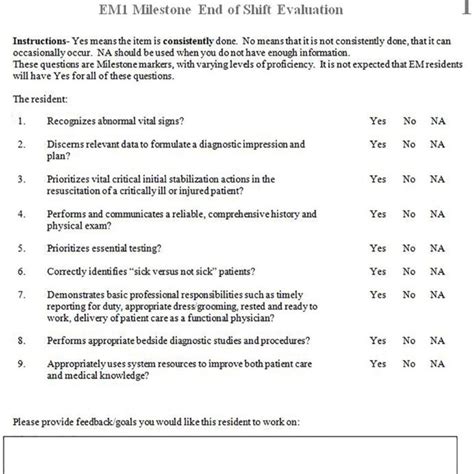 One End Of Shift Evaluation Form For Emergency Medicine Interns