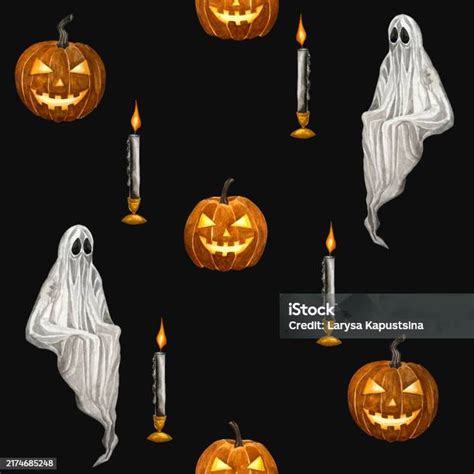 Hellowen 완벽 한 패턴 수채화 손으로 그린 끝없는 질감입니다 고딕 양식과 Scarry 축제 장식 헬로윈 장식 호박 마녀 촛불 까마귀 유령 빗자루 10월에 대한 스톡