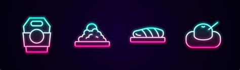 종이 상자 밥그릇 생선 스테이크 모찌에 아시아 국수를 세팅합니다 빛나는 네온 아이콘 벡터 0명에 대한 스톡 벡터 아트 및 기타 이미지 Istock