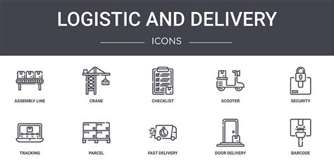 로지스틱 및 배달 개념 라인 아이콘 세트 크레인 스쿠터 추적 빠른 배달 문 배달 바코드 보안 체크리스트와 같은 웹 로고 Ui
