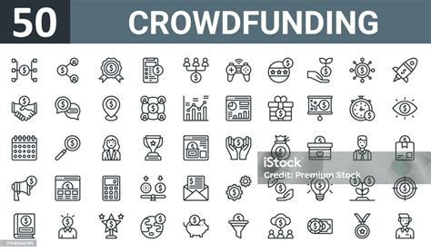 금융 몫 보증 휴대 전화 팀워크 게임 패드 보고서 프리젠 테이션 다이어그램 웹 디자인 모바일 앱을위한 평가 벡터 얇은 아이콘과 같은 50 개요 웹 크라우드 펀딩 아이콘 세트