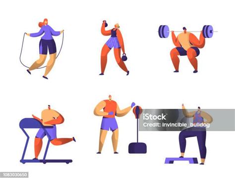 체육관 피트 니스 문자 집합입니다 스포츠 심장 운동 남자 고 여자 그림 컬렉션입니다 건강 한 에어로빅 역도 권투 선수 트레이너