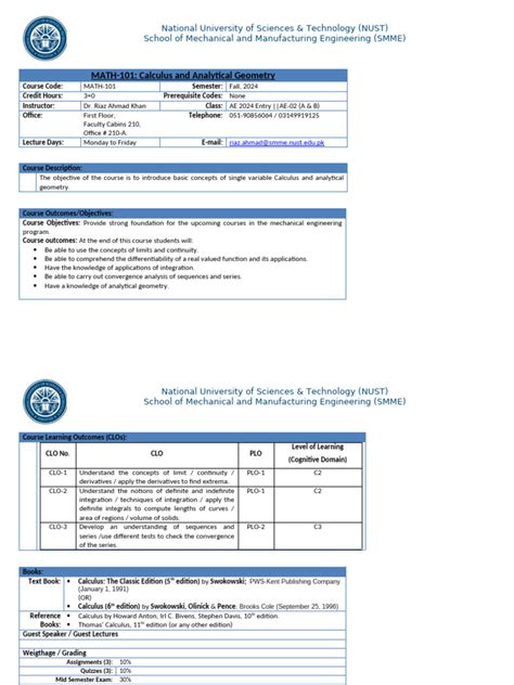Course Outline And Teaching Plan Math 101 Calculus And Analytical Geometry Fall 2024 Pdf