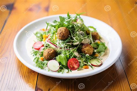 Ensalada De Falafel Aderezada Con Tahini Y Hierbas Foto De Archivo