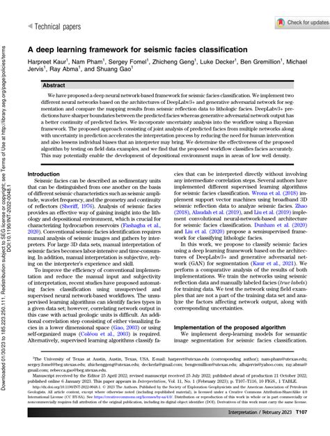 PDF A Deep Learning Framework For Seismic Facies Classification