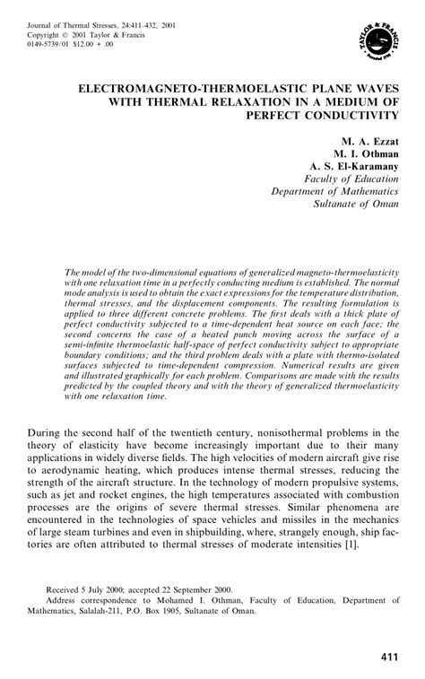 Pdf Electromagneto Thermoelastic Plane Waves With Thermal Relaxation