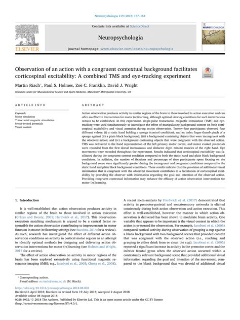 Pdf Observation Of An Action With A Congruent Contextual Background Facilitates Corticospinal
