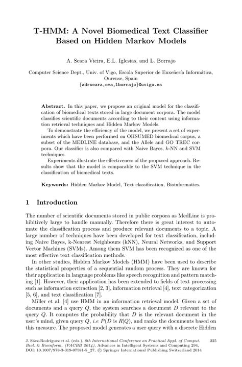 Pdf T Hmm A Novel Biomedical Text Classifier Based On Hidden Markov Models