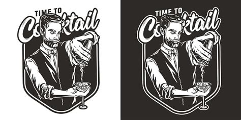 바텐딩용 셰이커가 있는 바텐더 칵테일 바를위한 수염과 콧수염을 가진 Barkeepr 또는 바텐더 25 29세에 대한 스톡 벡터