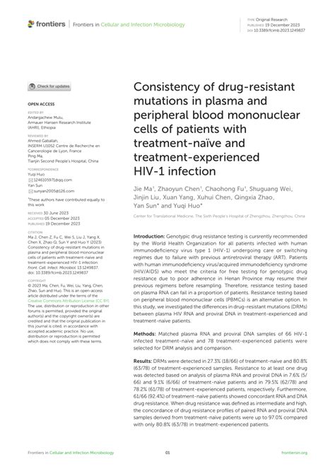 Pdf Consistency Of Drug Resistant Mutations In Plasma And Peripheral