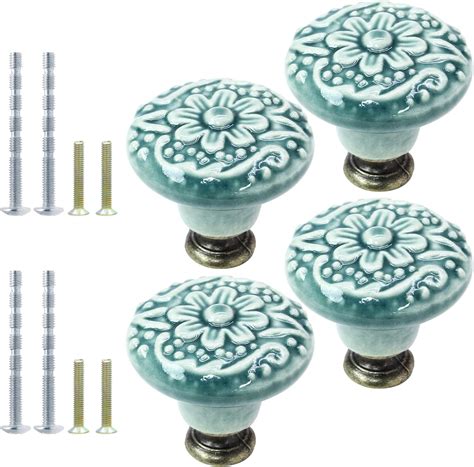 4pcs Green Ceramic Cabinet Knobs Vintage And Retro Dresser Knobs Decorative Drawer Pulls For