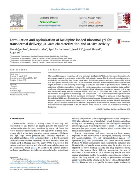 Formulation And Optimization Of Lacidipine Loaded Niosomal Gel For Transdermal Delivery In