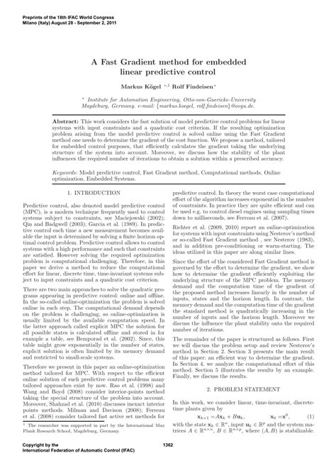 pdf a fast gradient method for embedded linear predictive control