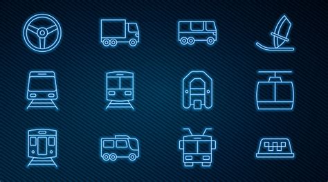 세트 라인 택시 자동차 지붕 케이블 버스 기차 및 철도 스티어링 휠 래프팅 보트 및 배달화물 트럭 아이콘 벡터 형광색의에 대한 스톡 벡터 아트 및 기타 이미지 Istock
