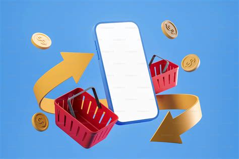 흰색 빈 디스플레이가 있는 스마트폰 쇼핑 모바일 앱 동전이 든 바구니 캐쉬백 및 환불 모형 화면 복사 공간 3d 렌더링 사진 Unsplash의 인터넷 이미지