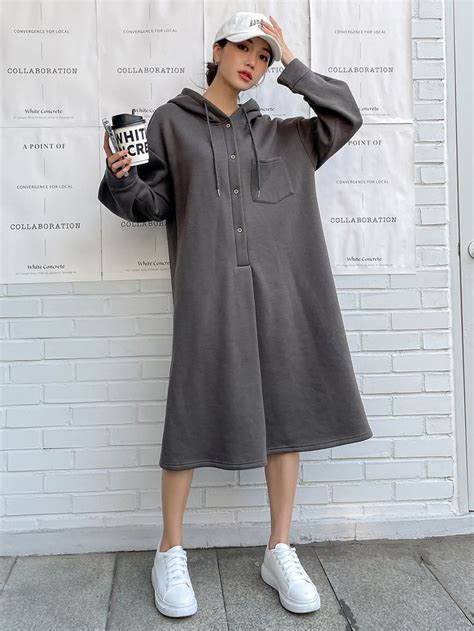 Half Button Drop Shoulder Drawstring Thermal Lined Hoodie Dress