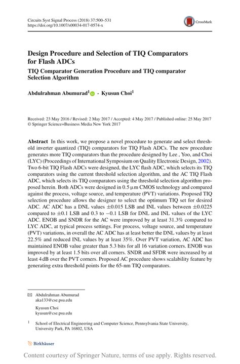 Design Procedure And Selection Of TIQ Comparators For Flash ADCs TIQ