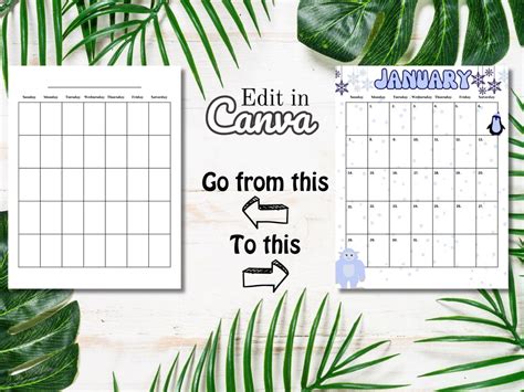 Blank Calendar Printable Canva Template Monthly Blank Etsy