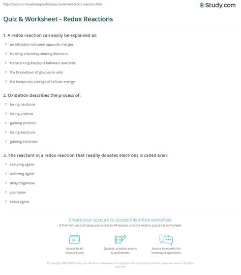 Quiz And Worksheet Redox Reactions