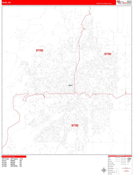 Bend Oregon Zip Code Wall Map Red Line Style By Marketmaps Mapsales
