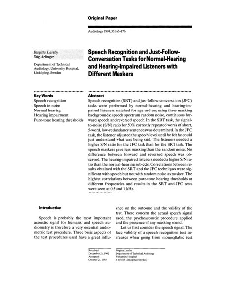 Pdf Speech Recognition And Just Follow Conversation Tasks For Normal Hearing And Hearing