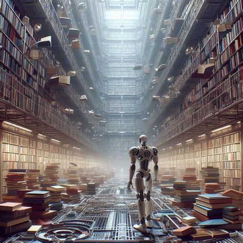 A Robot In A Library With Many Books On The Shelves Premium Ai