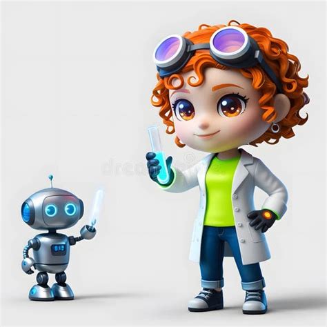 Chibi 3d Scientist Girl With Tiny Robot Isolated White Background