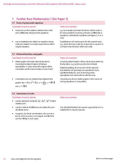 A Level Further Maths Topics 14 Cambridgeinternational Alevel Back To Contents Page 1 Further