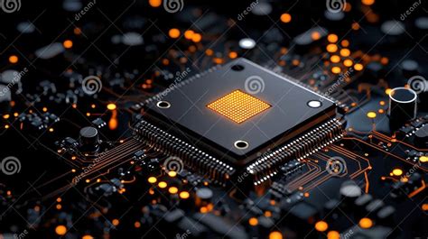 Closeup Of A Microprocessor On A Circuit Board With Glowing Connections Stock Illustration