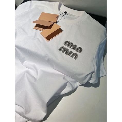 Футболка Мужской Miu Miu белый Короткий размер 46 Хлопок Однотонный Логотип облегающий