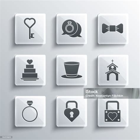 하트 잠금 및 교회 건물 실린더 모자 다이아몬드 약혼 반지 웨딩 케이크 키와 나비 넥타이 아이콘의 모양으로 성을 설정합니다 벡터 0명에 대한 스톡 벡터 아트 및 기타 이미지