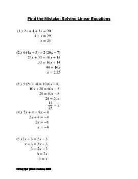 Solving Linear Equations Find The Mistake By KLink Creations TPT