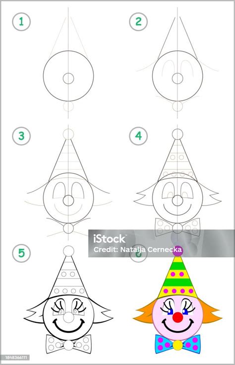 장난감 웃는 광대의 귀여운 머리를 그리는 방법을 단계별로 배우는 방법을 보여줍니다 아이들의 그림 그리기와 색칠 기술 개발 학교로 돌아 가기 인쇄 가능한 워크시트 벡터 만화
